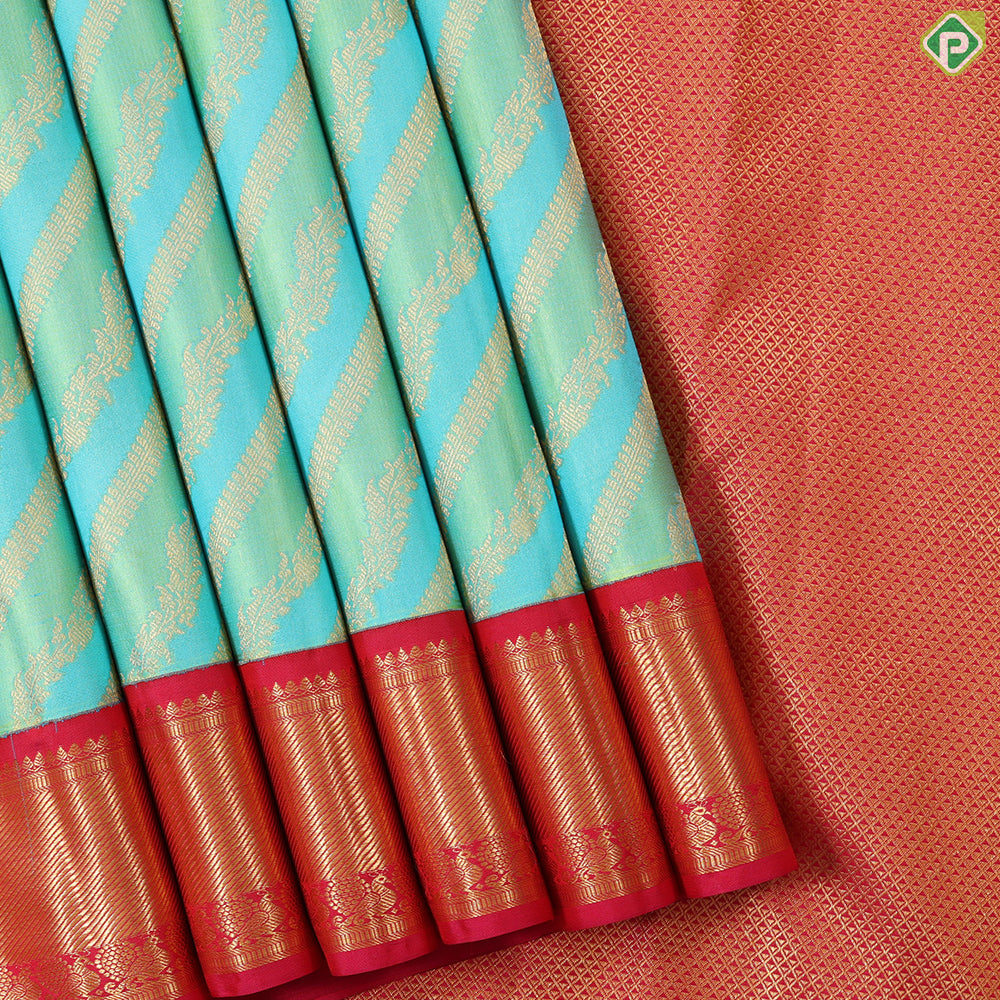 Pista green sky blue and gold zari cross lines design contrast pink go ...